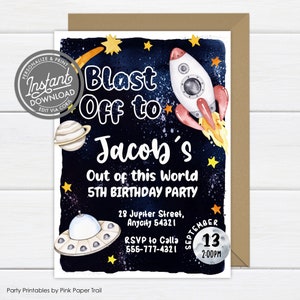 Blast off Outer Space Rocket Ship Birthday Party Invitation, Space Ship ...