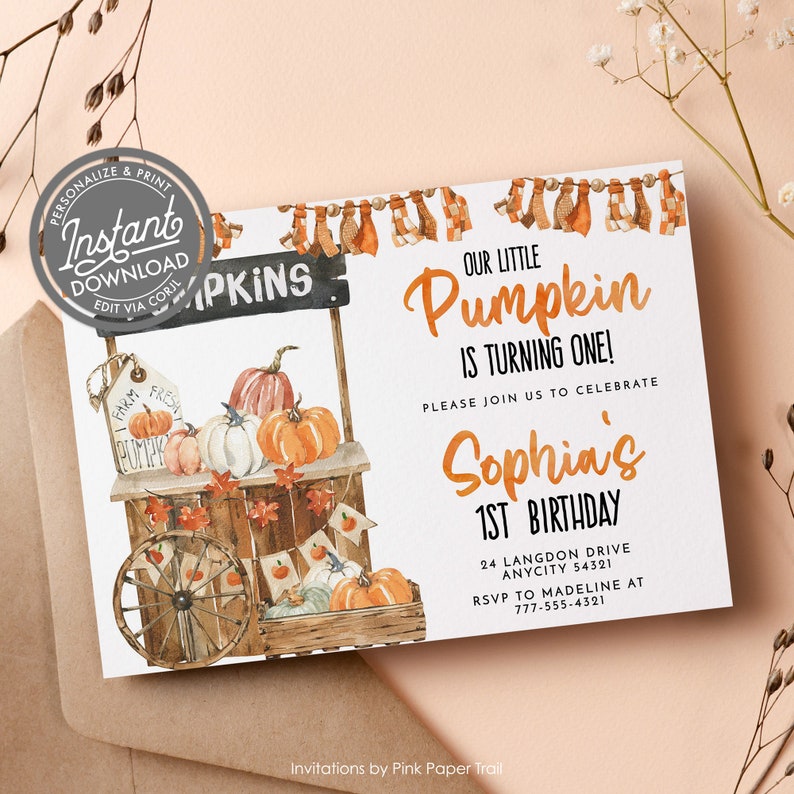 EDITABLE Fall Pumpkin Birthday Invitation, Autumn Fall Birthday Party ...