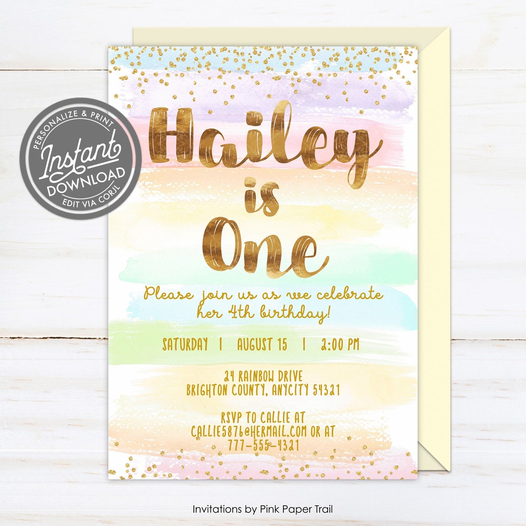 EDITABLE Pastel Rainbow With Gold Glitter Sprinkle Confetti Birthday ...