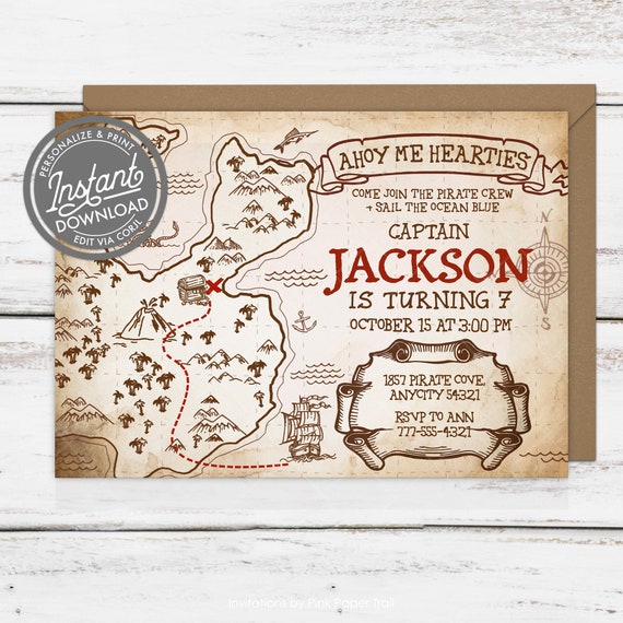 EDITABLE Pirate Invitation, Pirate Treasure Map Invitation, Pirate ...