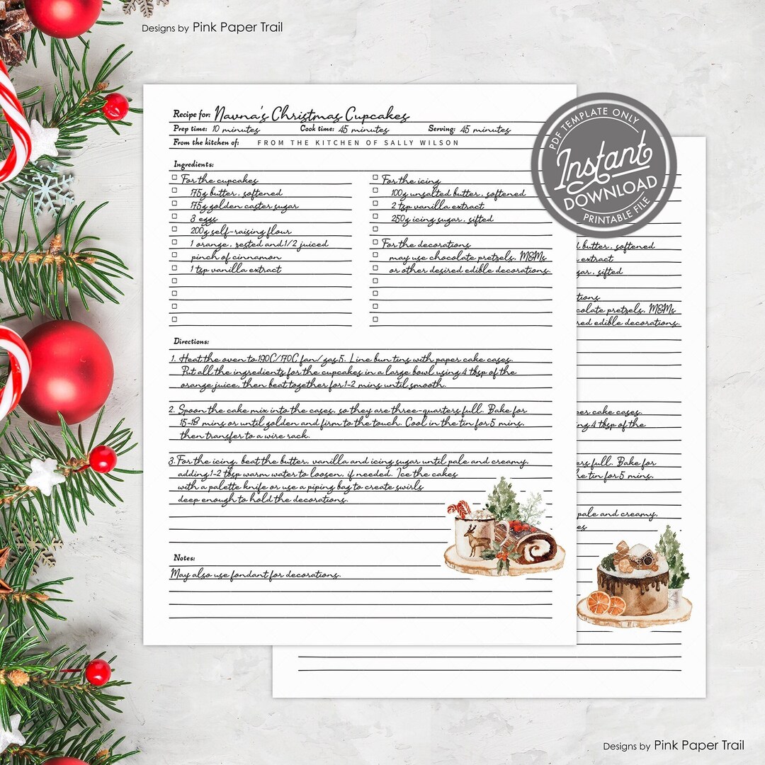 Editable Christmas Recipe Page Template Card, Watercolor Rustic ...