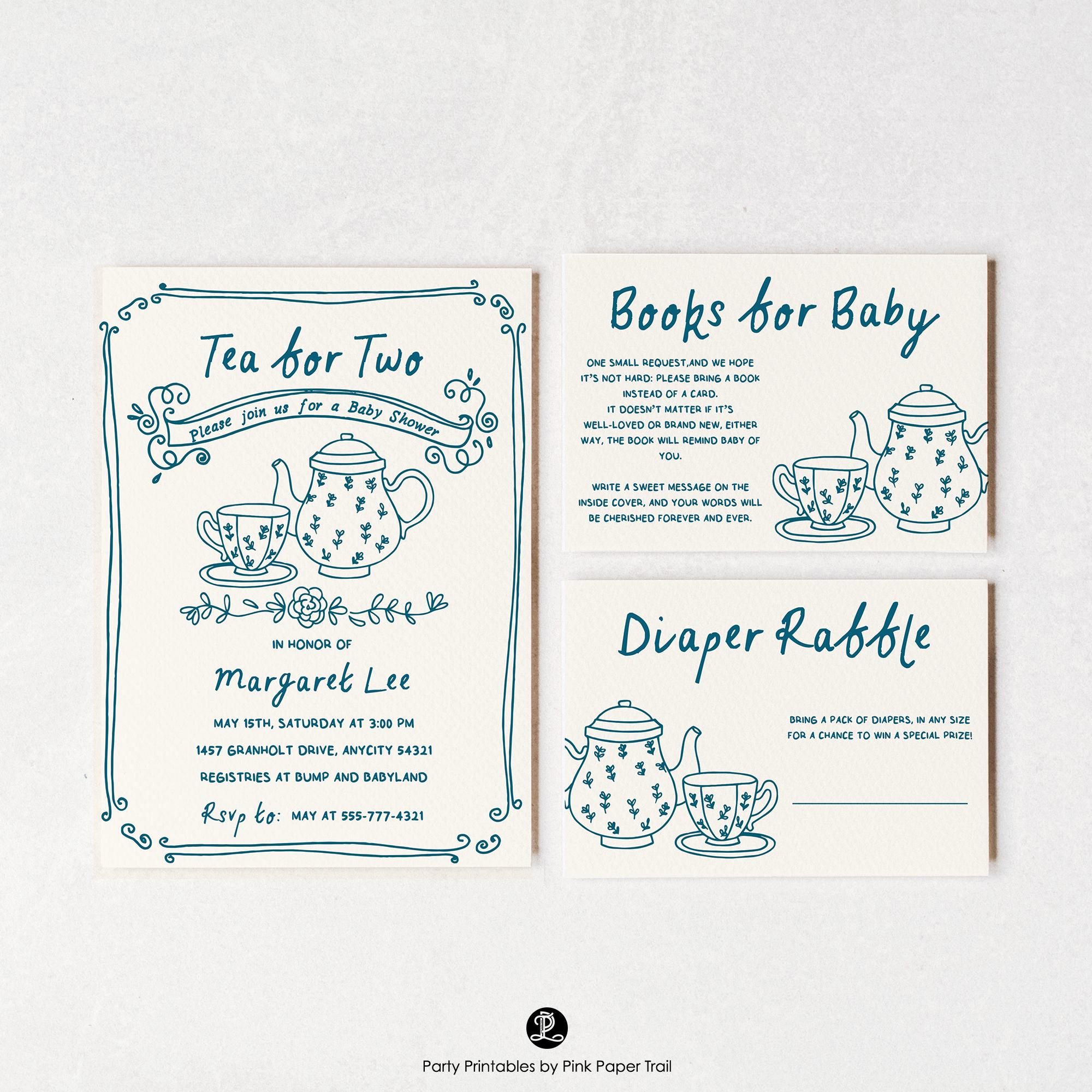 Hand Drawn Tea Party Doodle Baby Shower Invitation Editable Template ...
