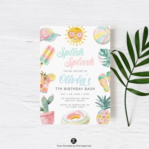 Editable Summer Tropical Birthday Party Invitation Girly Pool Party ...