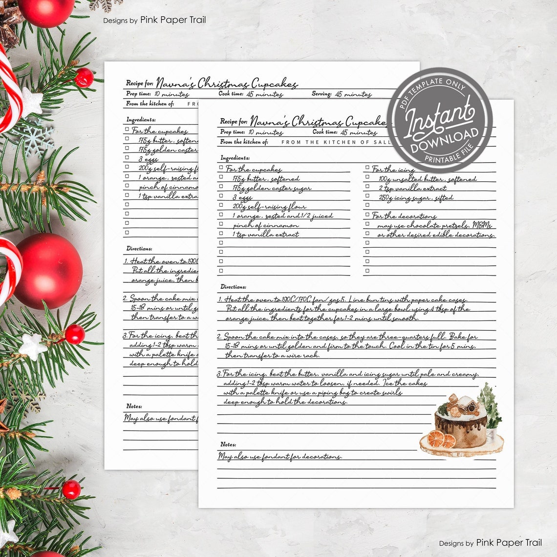 Editable Christmas Recipe Page Template Card Watercolor - Etsy