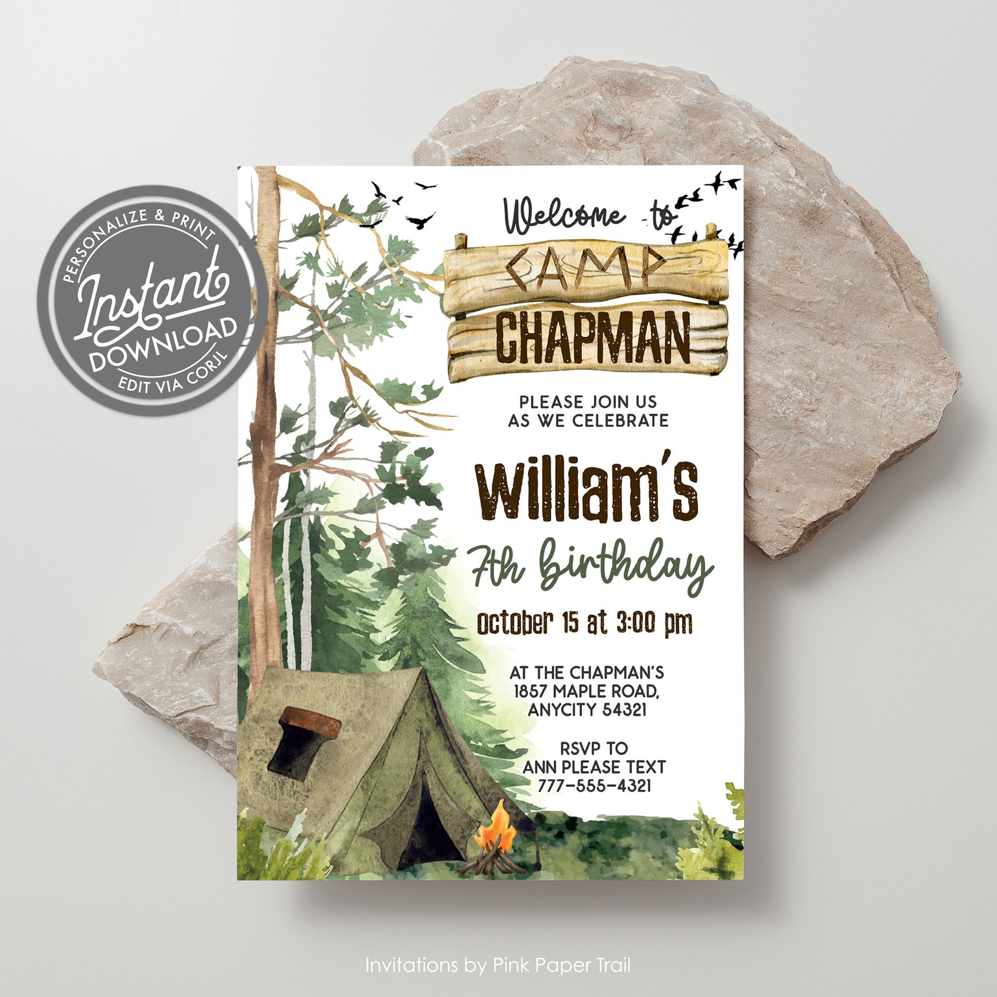 EDITABLE Nature Trail Outdoor Camping Adventure Birthday Invitation ...