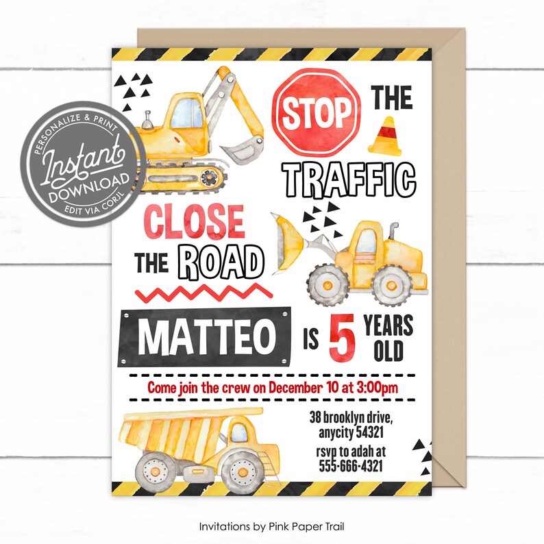 EDITABLE Construction Invitation Construction Birthday - Etsy