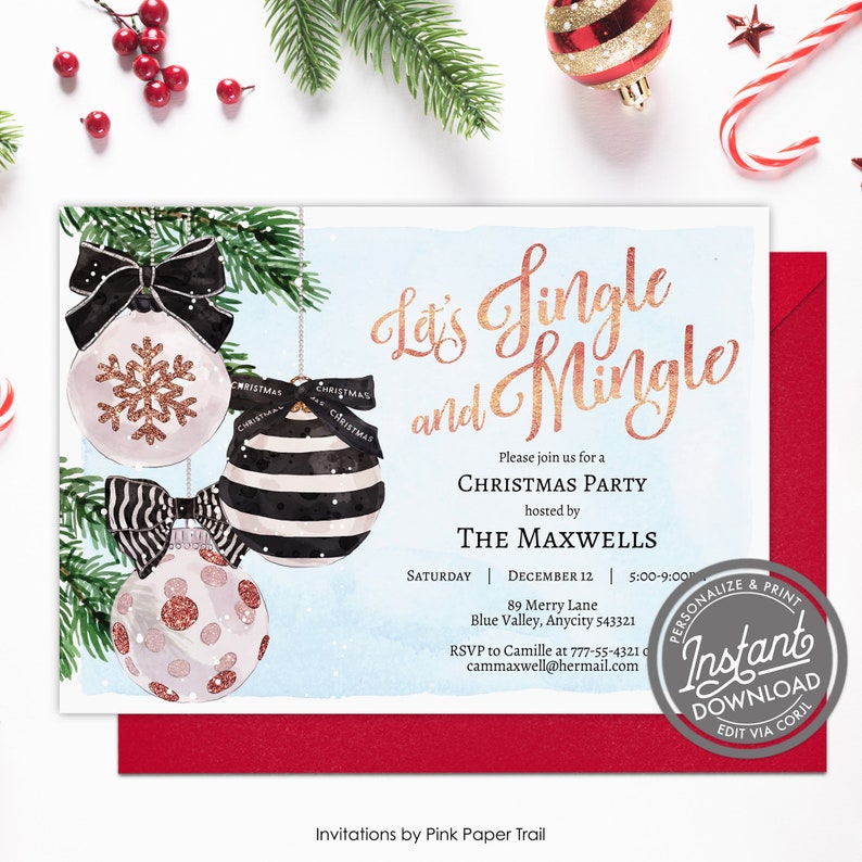 EDITABLE Christmas Party Invitation Dainty Christmas Baubles - Etsy