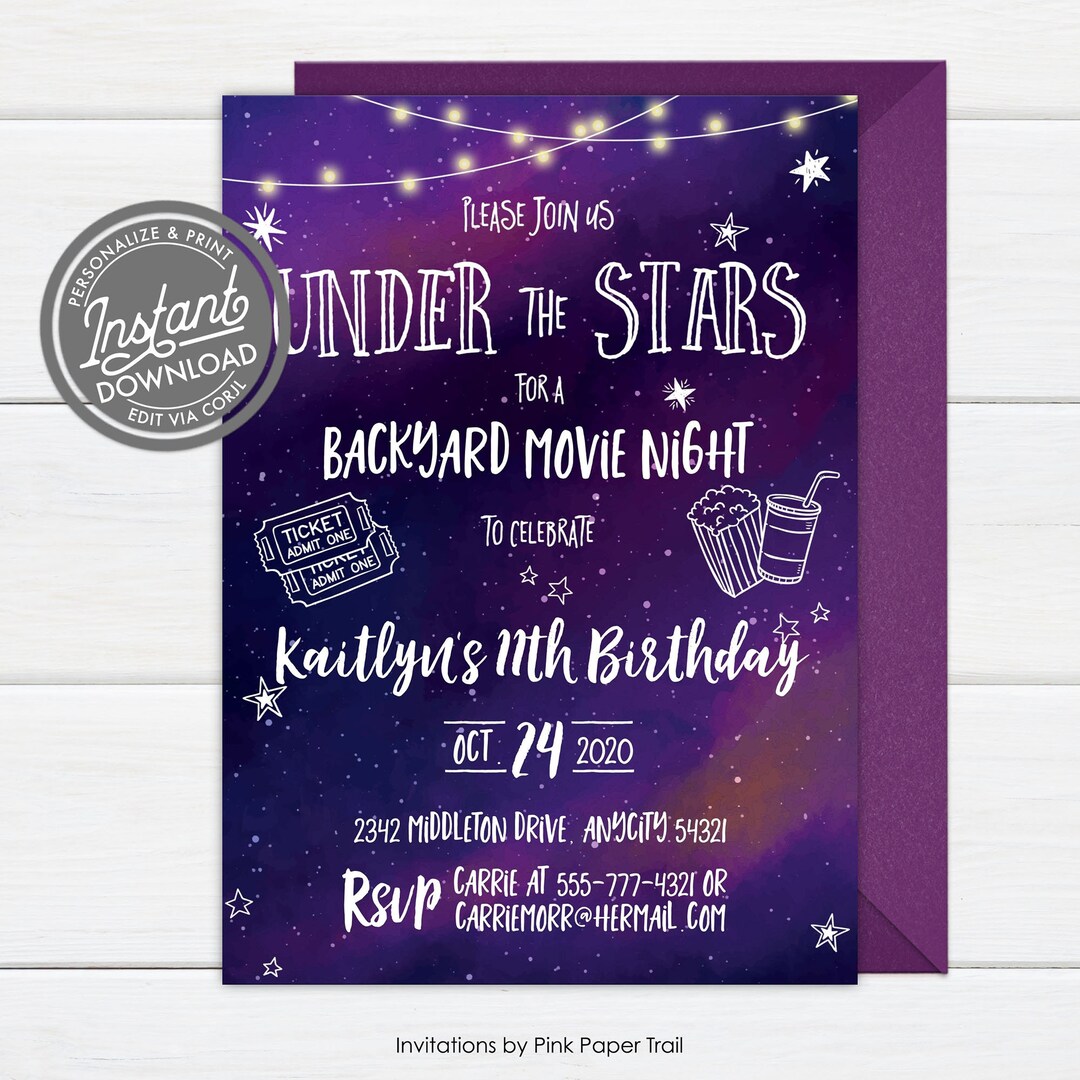 EDITABLE Under the Stars Invitation, Backyard Movie Night Birthday ...