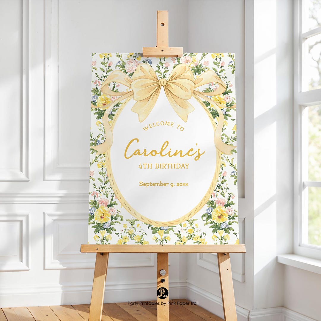 Grandmillennial Baby Shower Welcome Sign - Yellow Floral & Bow Design ...