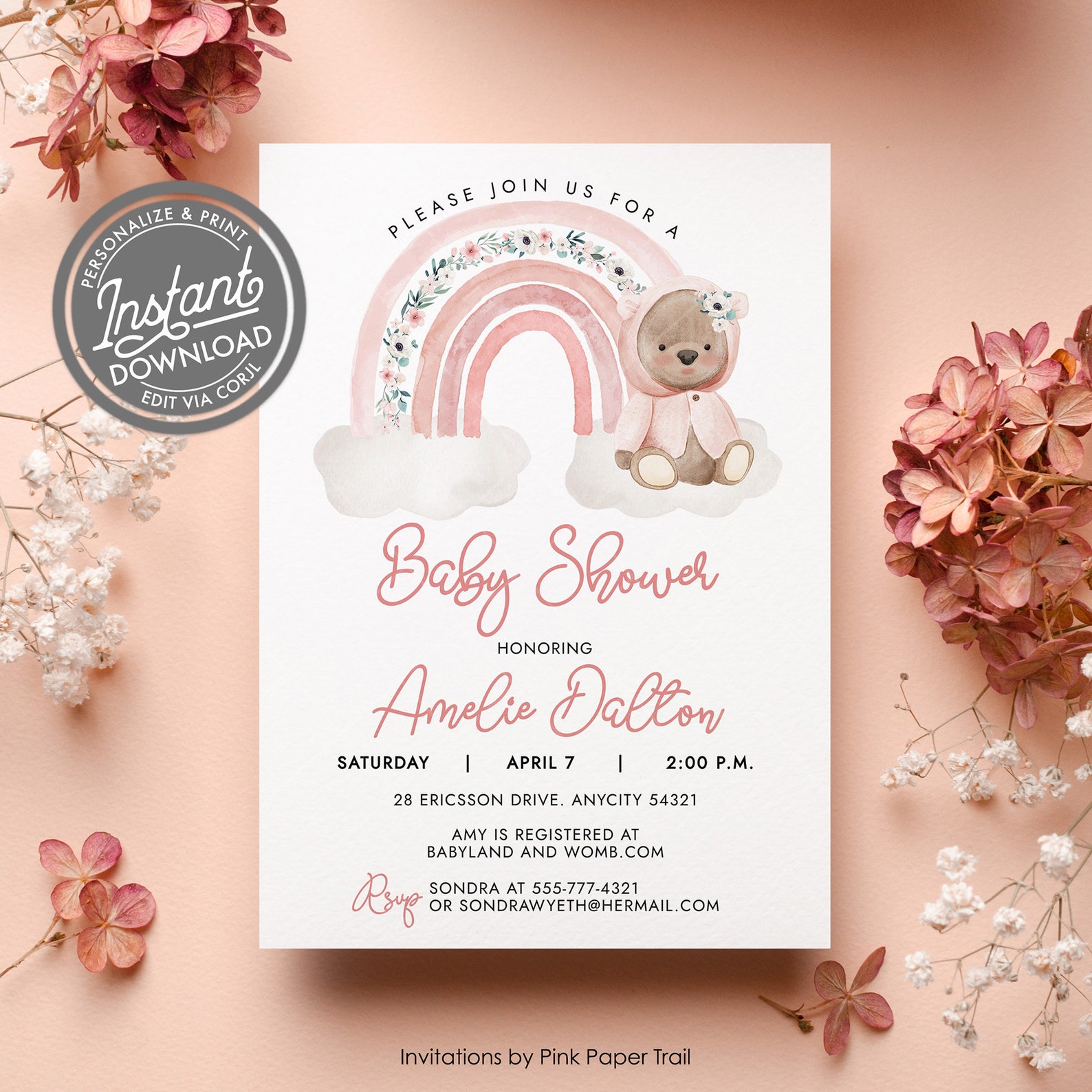 EDITABLE Boho Rainbow Baby Shower Invitation With a Cute Baby Bear ...
