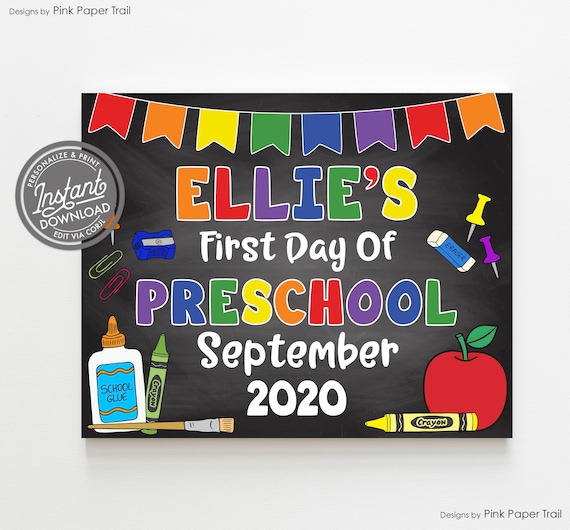EDITABLE First Day of Preschool Sign, Chalkboard Back to Virtual School ...