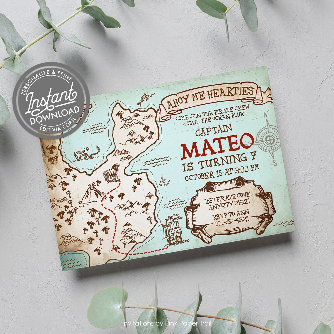 EDITABLE Pirate Invitation Pirate Treasure Map Invitation - Etsy