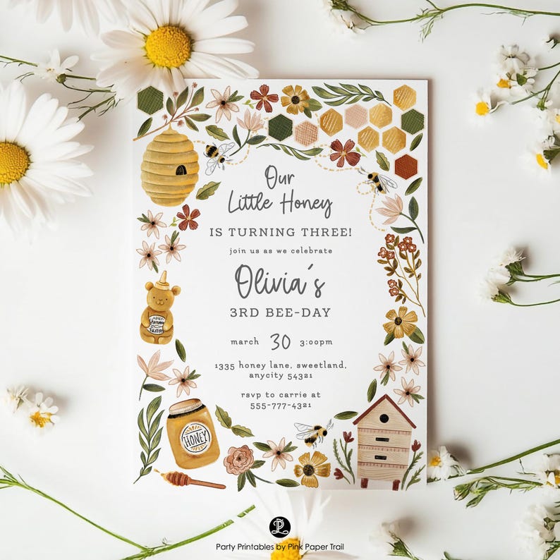 Editable Honey Bee Birthday Invitation Template, Bee Floral Garden ...