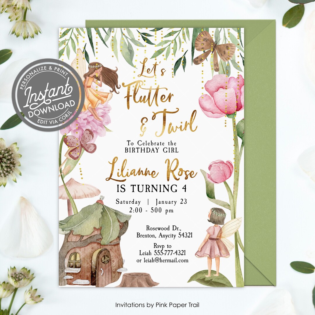 EDITABLE Floral Fairy Birthday Invitation, Garden or Woodland Fairy ...