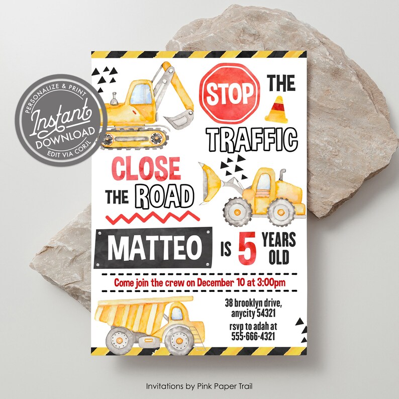 EDITABLE Construction Invitation Construction Birthday - Etsy