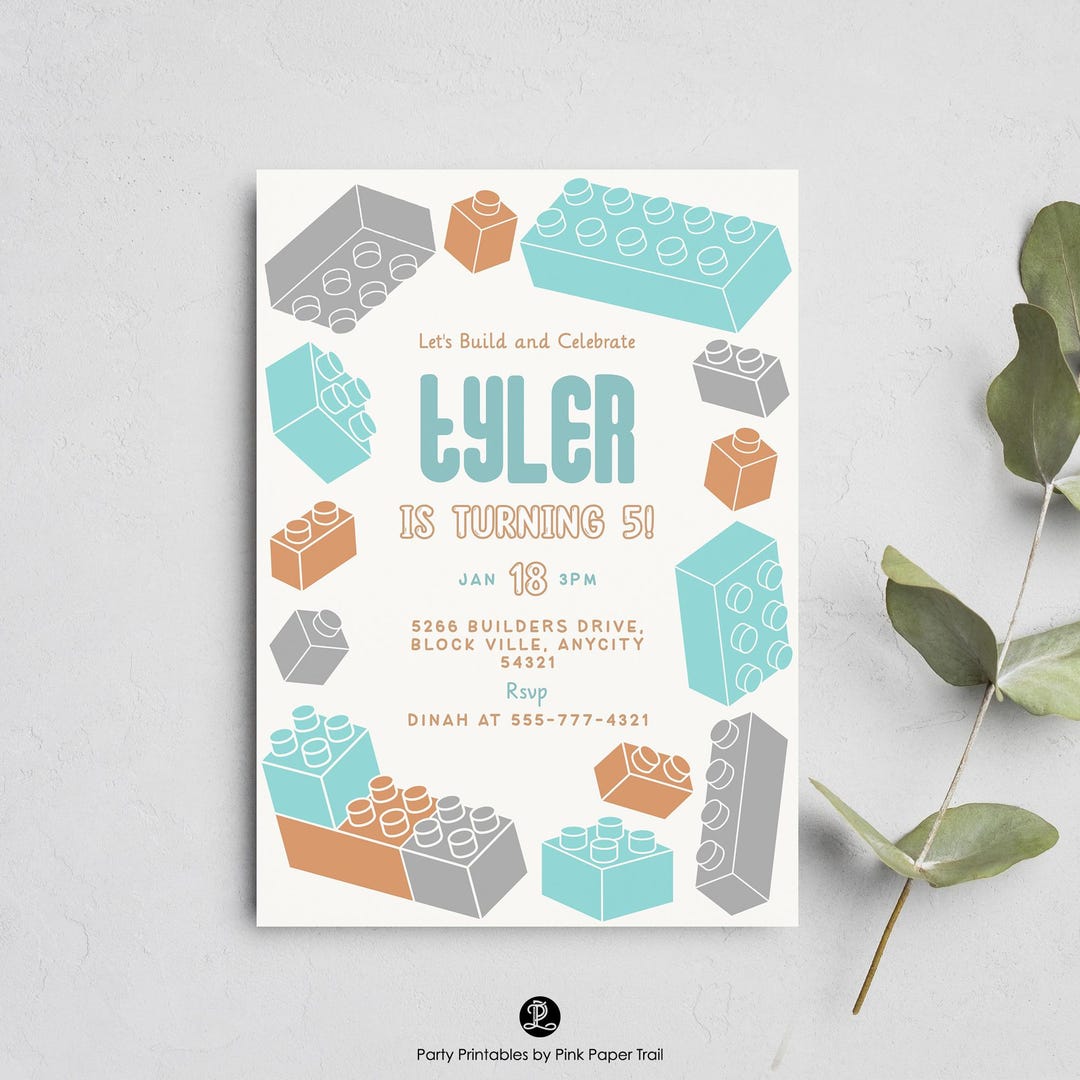 Building Blocks Birthday Party Invitation, Muted Colors Modern Building ...