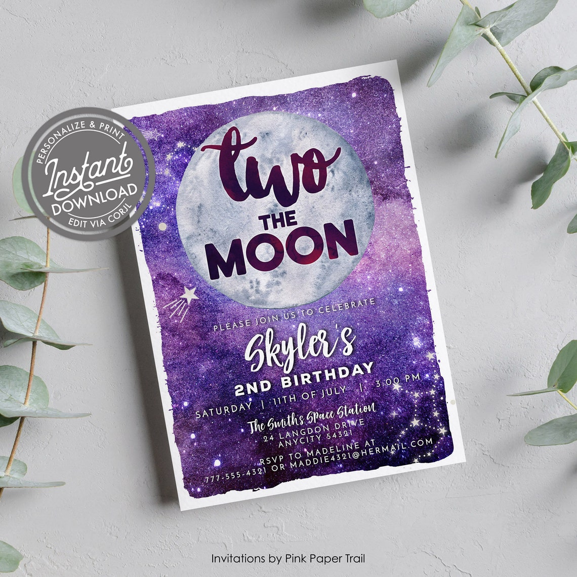 EDITABLE Two the Moon Birthday Invitation Moon Galaxy and - Etsy