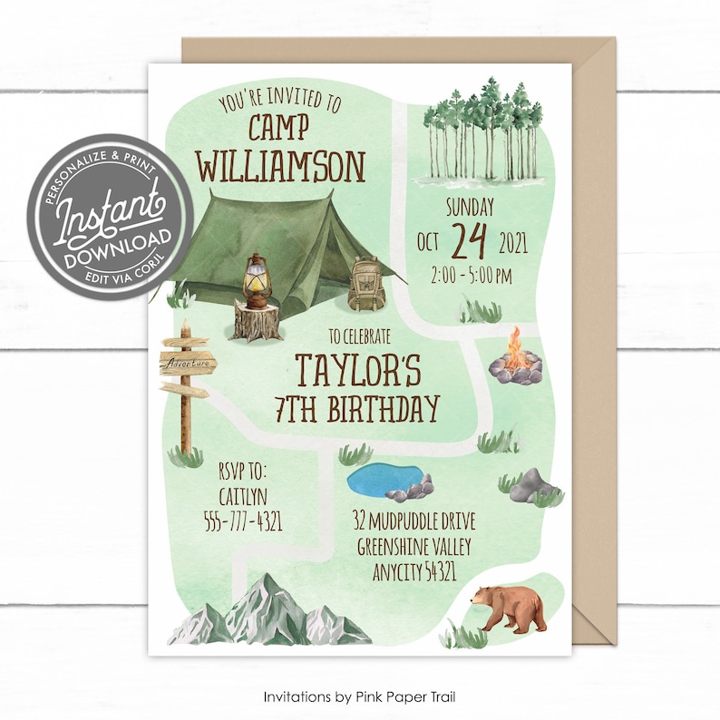 EDITABLE Camping Birthday Invitation Camp Trail Outdoor - Etsy