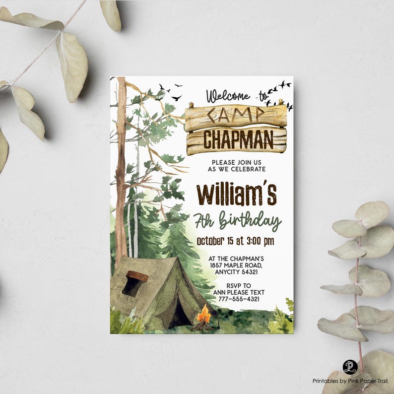EDITABLE Nature Trail Outdoor Camping Adventure Birthday Invitation ...