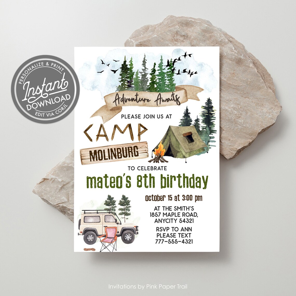 EDITABLE Camping Nature Trail Outdoor Adventure Birthday Invitation ...
