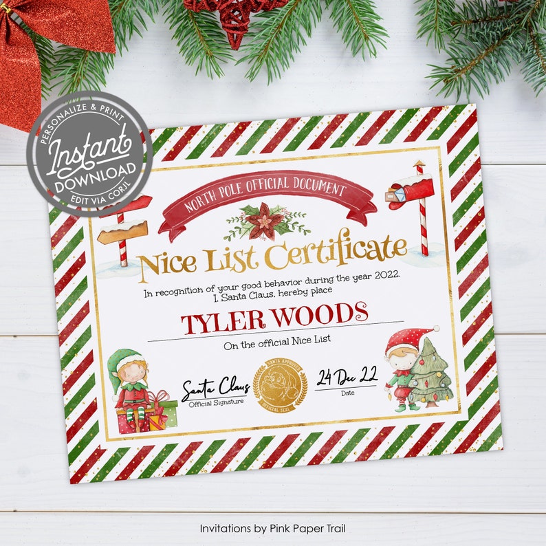 EDITABLE Nice List Certificate Printable Santa's Official - Etsy