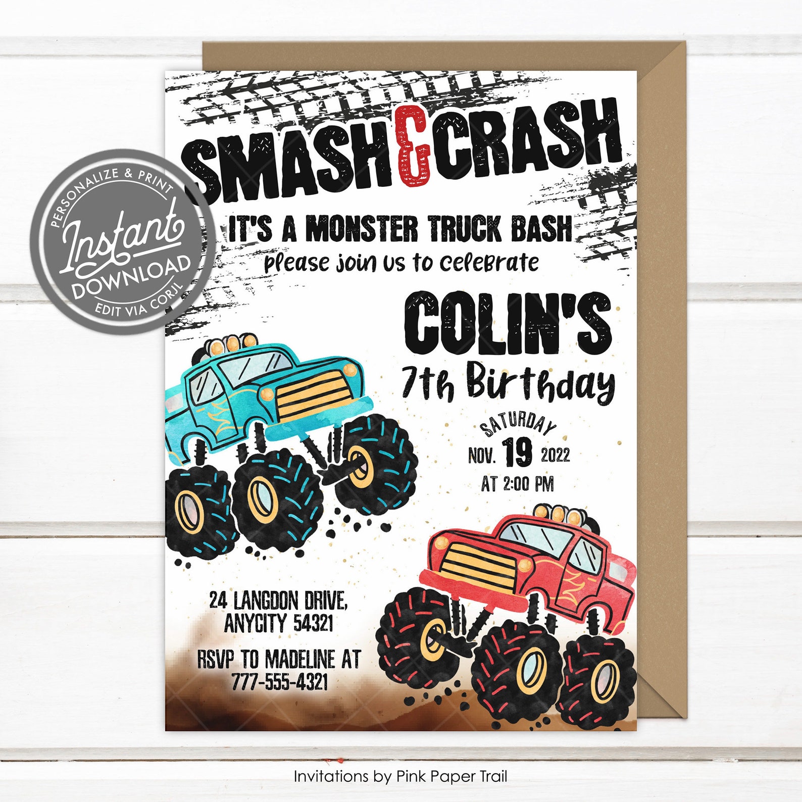 EDITABLE Monster Truck Birthday Invitation Smash and Crash - Etsy