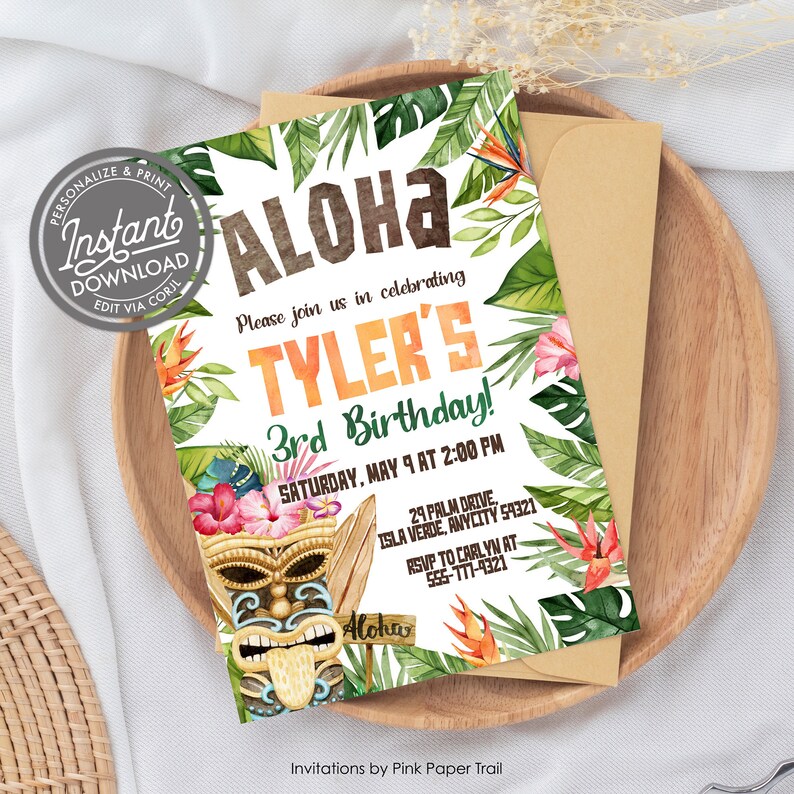 EDITABLE Tiki Aloha Tropical Birthday Party Invitation - Etsy