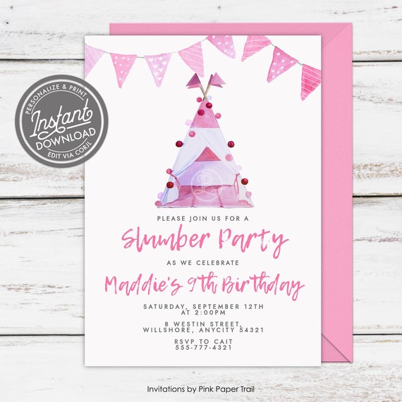 EDITABLE Teepee Slumber Sleepover Camping Girl Birthday Invitation, Camp Out Glamping Camping ...