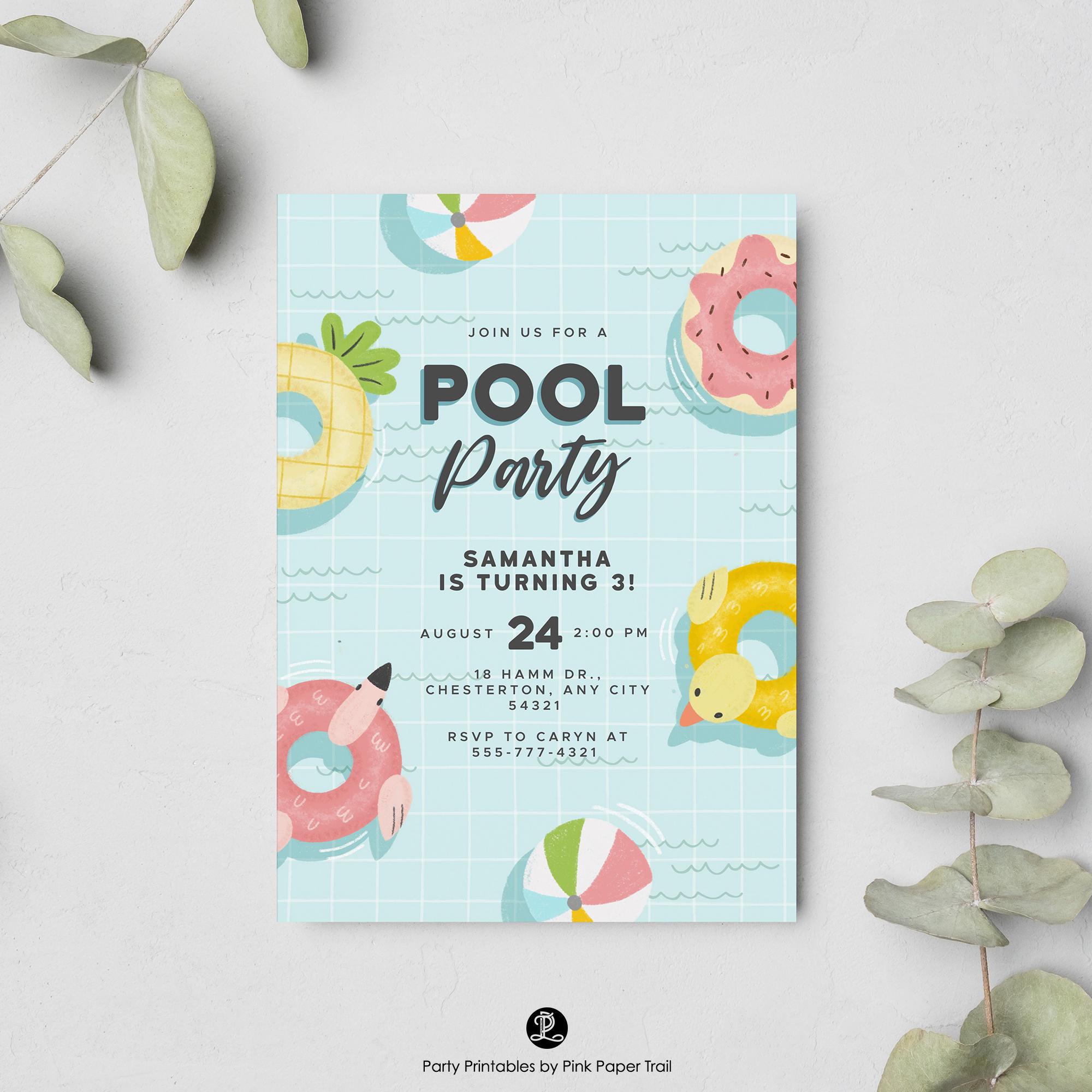 Editable Cute Pool Party Invitation Template, Hand Drawn Pool Floaties ...