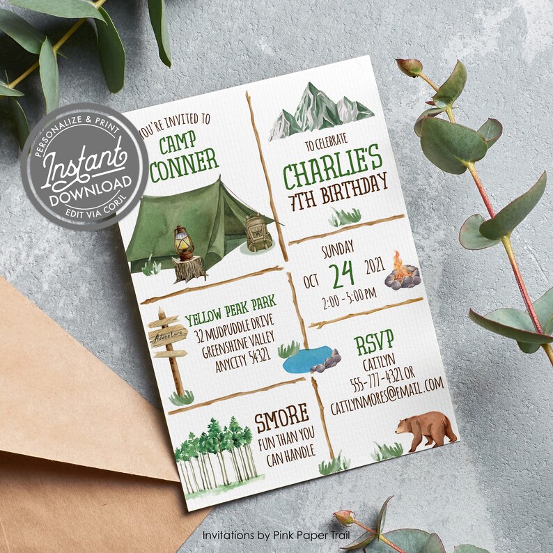 EDITABLE Camping Birthday Invitation Camp Trail Outdoor - Etsy