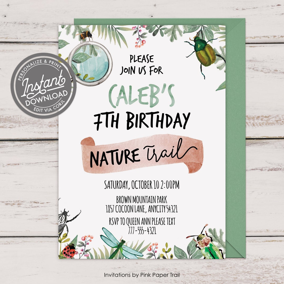 EDITABLE Nature Exploration Birthday Invitation, Nature Trail Bugs ...
