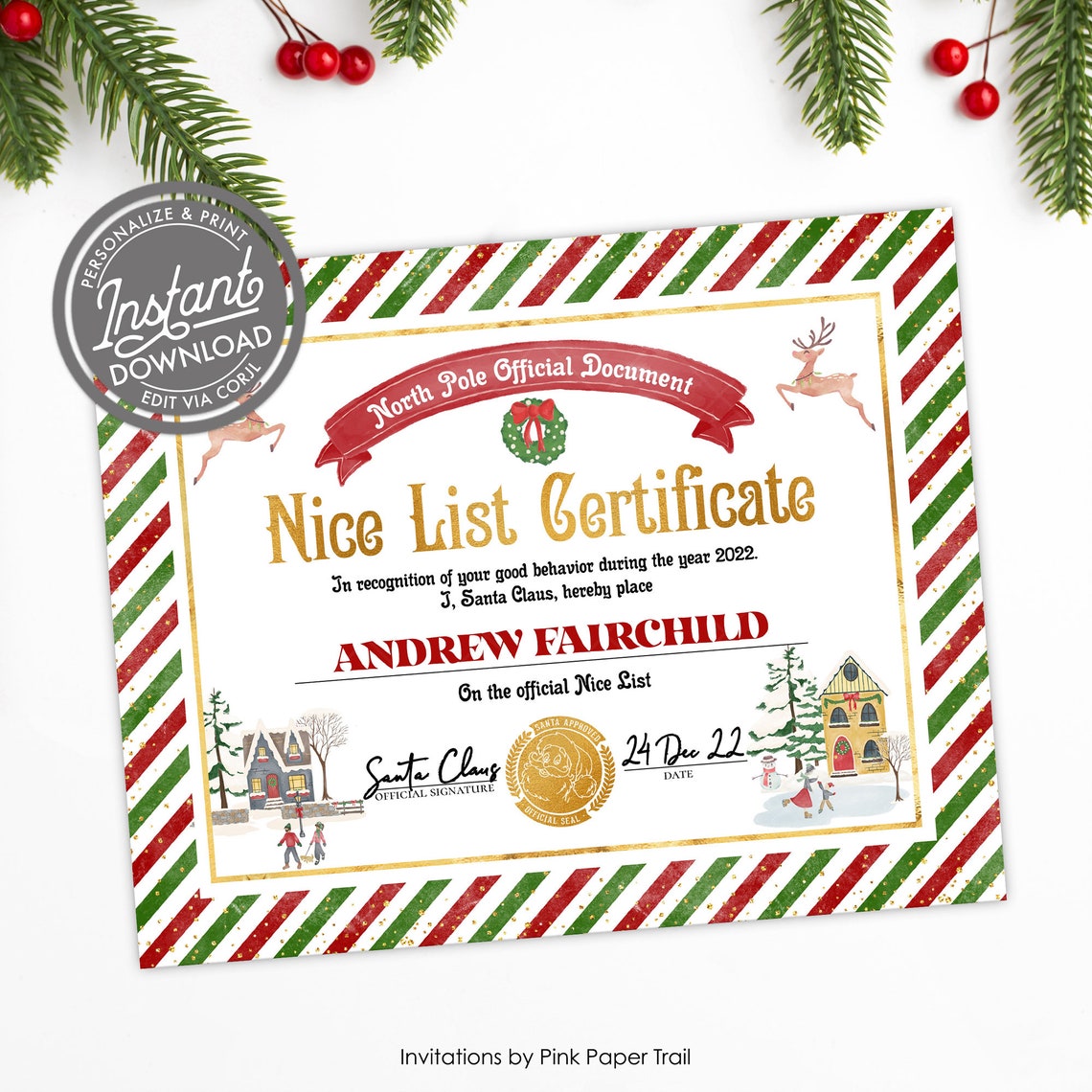 EDITABLE Nice List Certificate Printable Santa's Official - Etsy