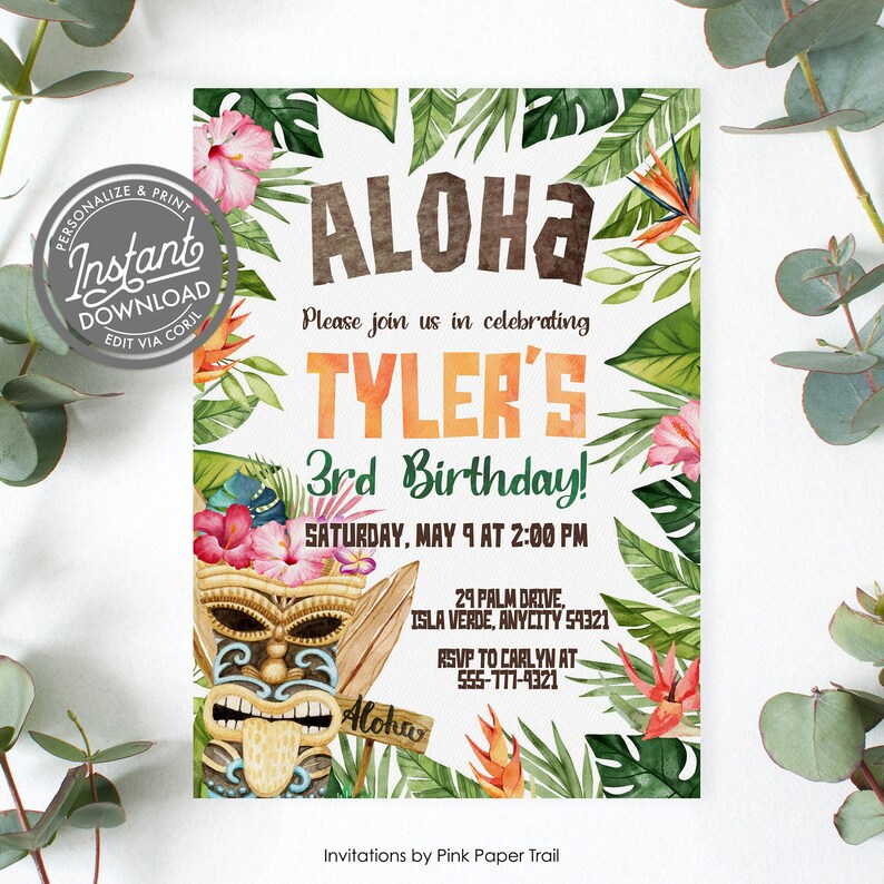 EDITABLE Tiki Aloha Tropical Birthday Party Invitation - Etsy