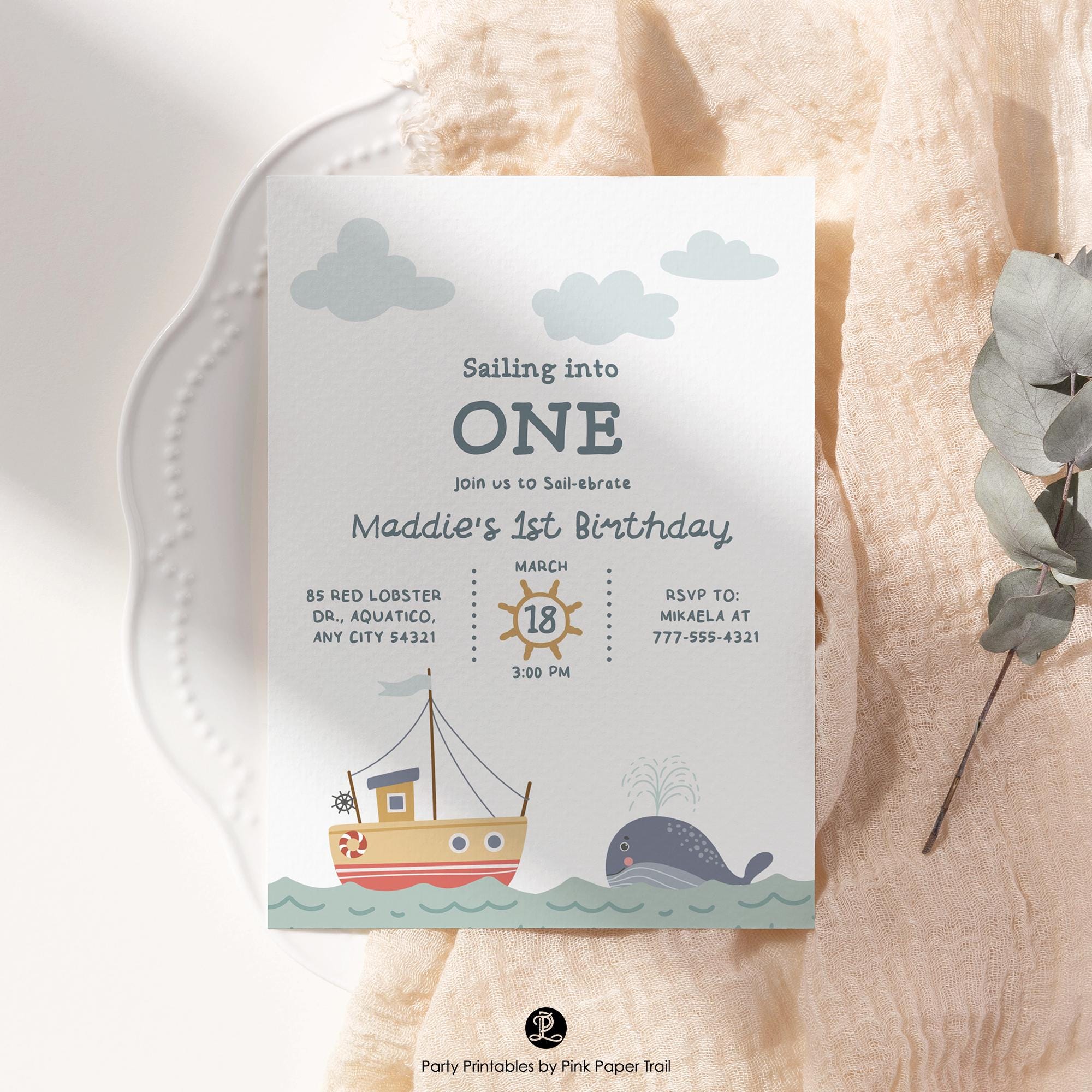 EDITABLE Nautical Birthday Invitation, Modern Sail Boat Birthday Invite ...