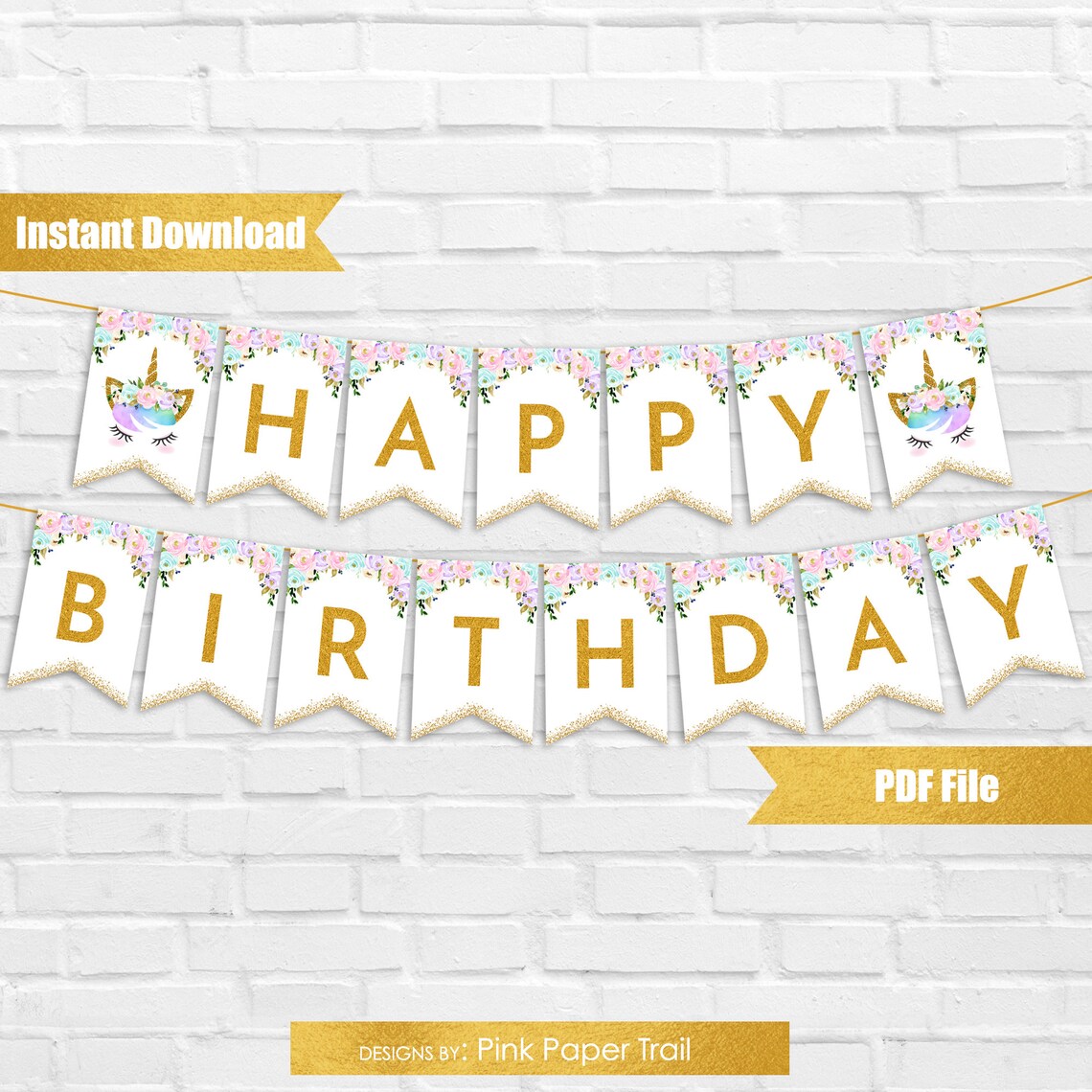 Unicorn Happy Birthday Banner, Floral Unicorn Birthday Party Printable ...