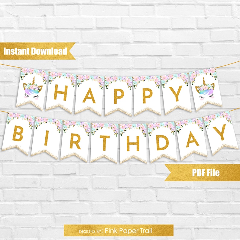 Unicorn Happy Birthday Banner Floral Unicorn Birthday Party - Etsy