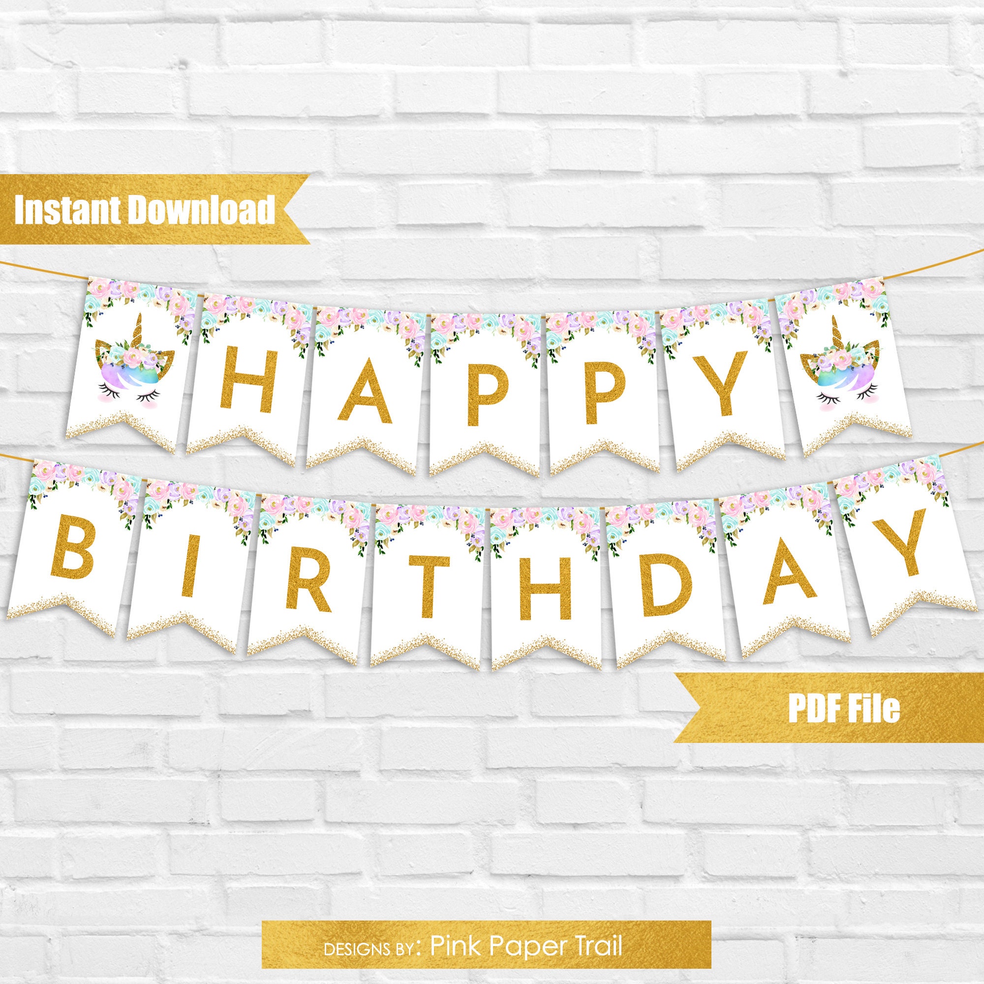 Unicorn Happy Birthday Banner, Floral Unicorn Birthday Party Printable ...