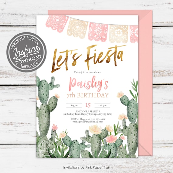 EDITABLE Let's Fiesta Birthday Invitation, Cactus Succulent Fiesta ...