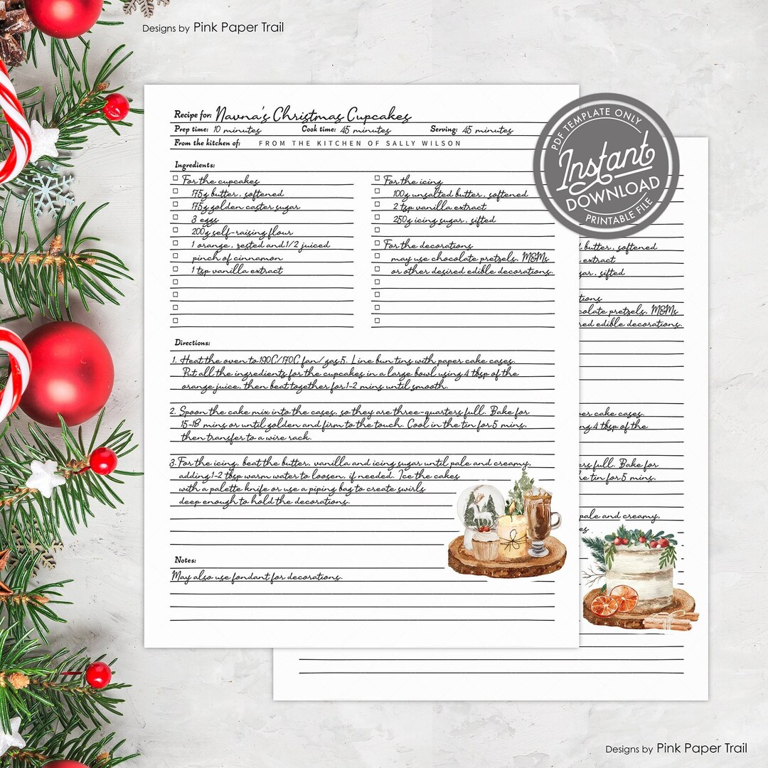 Editable Christmas Recipe Page Template Card, Watercolor Rustic ...