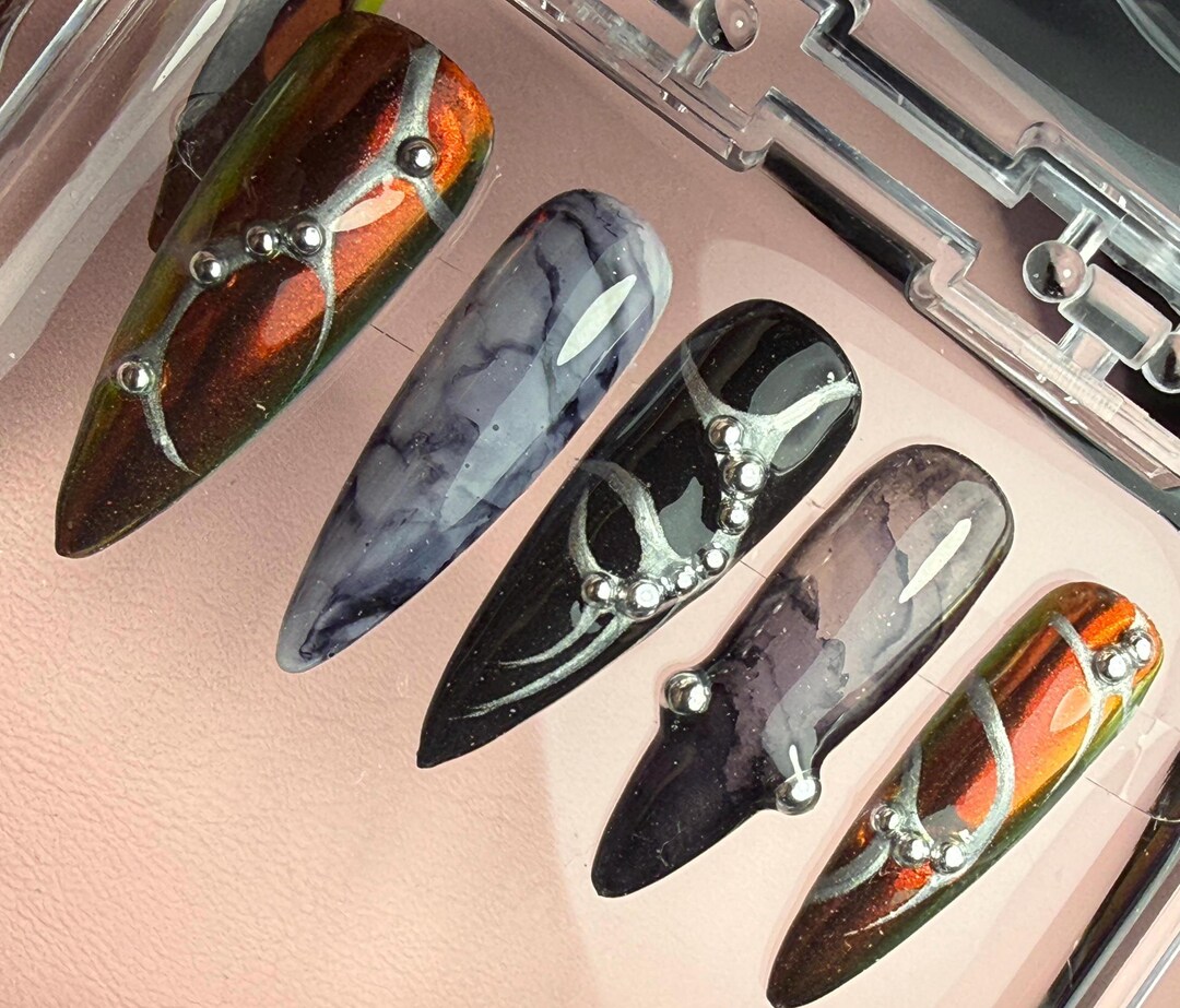 Handmade Gothic Cybersigilism Nails | Holographic Chrome Marble Design ...