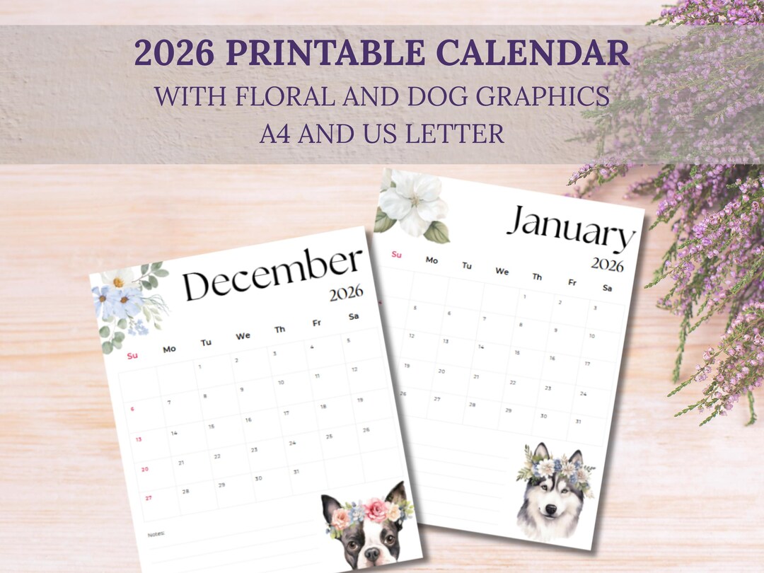2026 Printable Calendar, Dog and Floral Theme Printable Calendar A4 ...