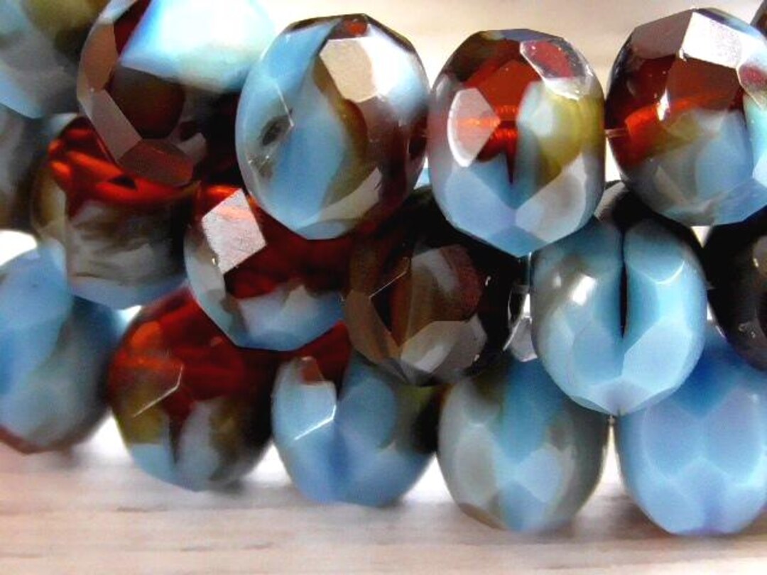 10 - 9x7mm Czech Opaque Ocean Blue & Transparent Deep Amber Brown ...