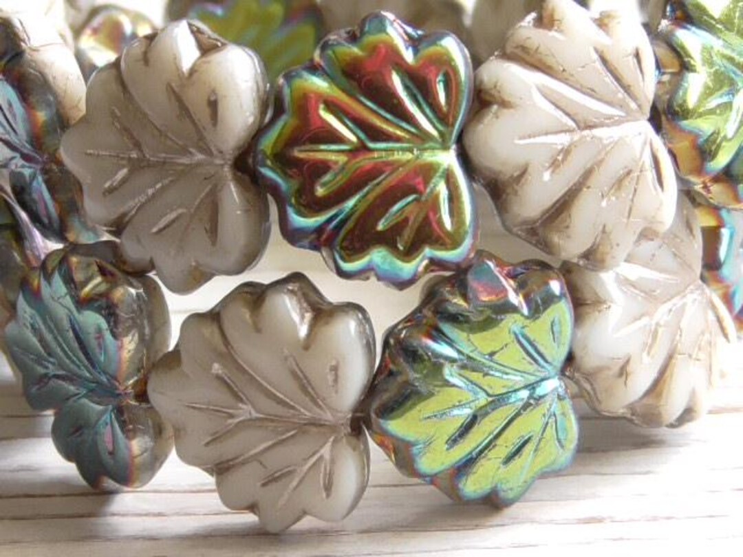 8 - 13x11mm Czech Maple Leaf Opaque Bone White Vitrail Metallic Sand ...