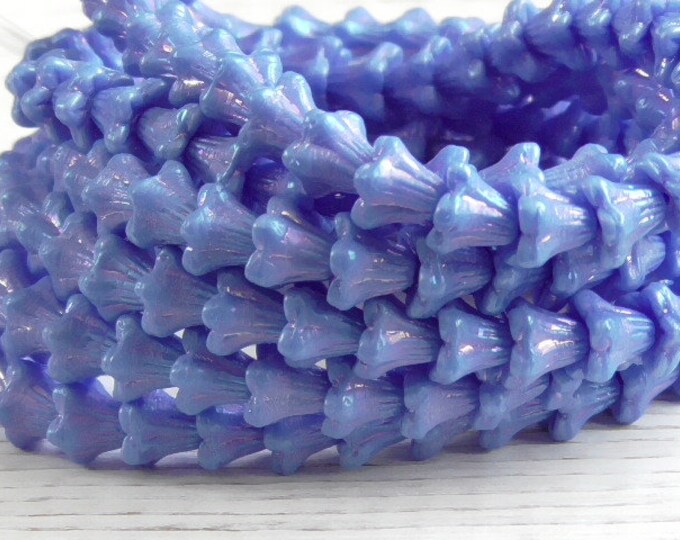 20 - Small 6x5mm Czech Glass Bright Blue AB Mini Bell Baby Bell 5 Petal ...