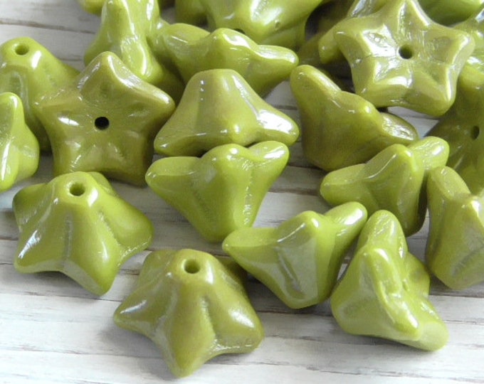 12 - 9x6mm Czech Glass Opaque Wasabi Green Luster 5 Petal Bell Flower ...