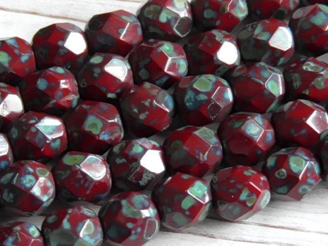 25 - 6mm Czech Opaque Deep Ox Blood Red Picasso Faceted Round Fire ...