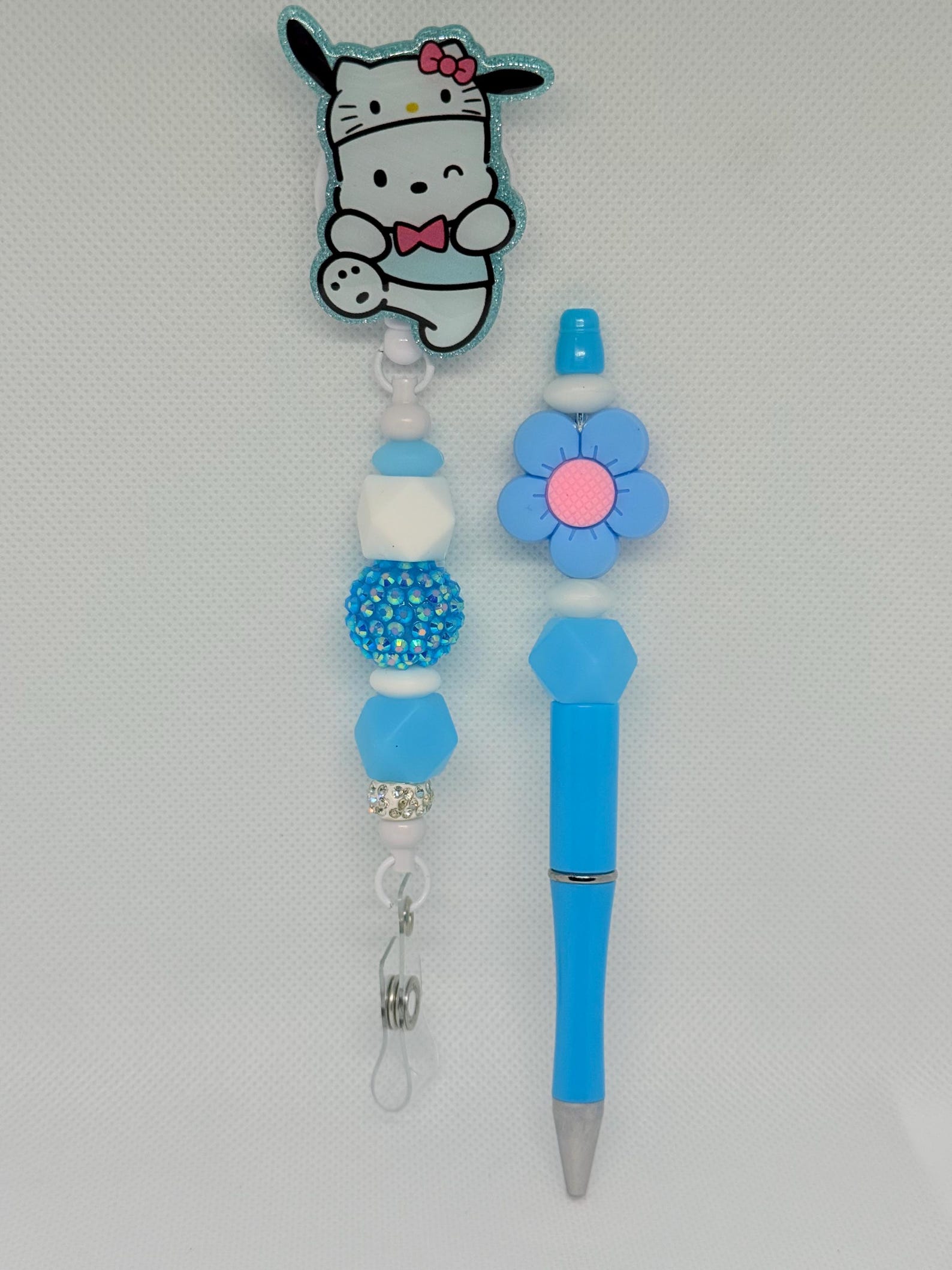Hello Kitty Inspired Badge Reel and Beaded Pen, Belt Clip - Etsy