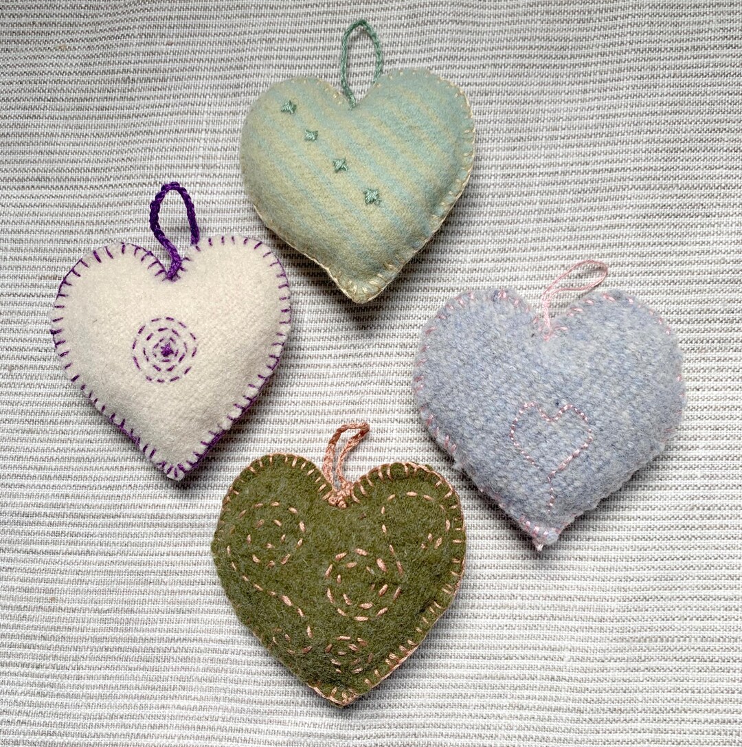 Embroidered Felt Pocket Hearts, Hand Stitched Mothers Day Wool Love ...