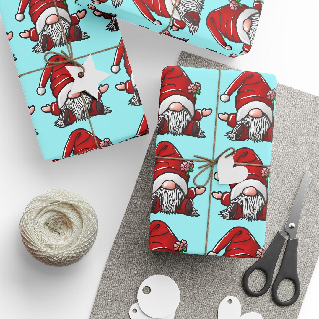 Gnome Christmas Wrapping Paper | Aqua Holiday Gift Wrap - Etsy