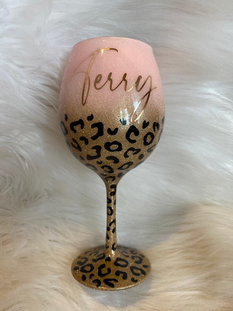 Pink and Champagne Glittered Cheetah Wine Glass / Leopard - Etsy